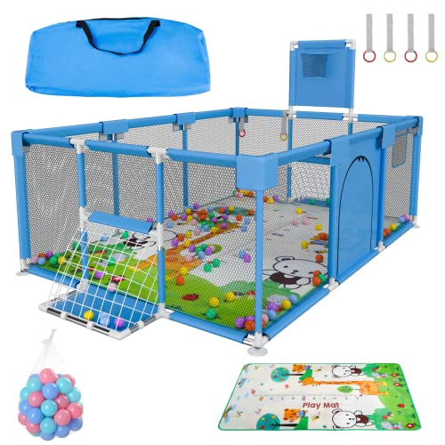 MONBLAM Baby Playpen with Mat(XL), 71×48”,with Soccer Nets, Basketball Hoop & 50 Balls, Play Center for Toddler, Child Exercise Playard, Kids Activity Centre with Breathable Mesh (Assembly Required)