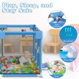 MONBLAM Baby Playpen with Mat(XL), 71×48”,with Soccer Nets, Basketball Hoop & 50 Balls, Play Center for Toddler, Child Exercise Playard, Kids Activity Centre with Breathable Mesh (Assembly Required)