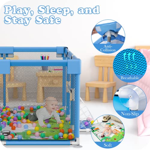 MONBLAM Baby Playpen with Mat(XL), 71×48”,with Soccer Nets, Basketball Hoop & 50 Balls, Play Center for Toddler, Child Exercise Playard, Kids Activity Centre with Breathable Mesh (Assembly Required)