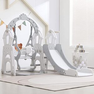 merit play toddler slide kids slide and swing set, 4 in 1 baby slide climber playset with basketball hoop and safety swing set, indoor outdoor backyard baby playground toys for toddlers age 1-5, grey