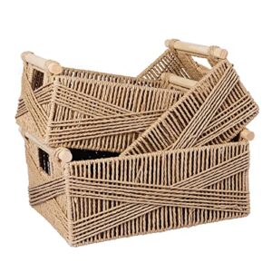 anminy 3 pack woven storage basket with wood handles handmade natural paper rope decorative boho desk wicker storage bins box set nursery baby kid large meduim small shelf organizer container - brown