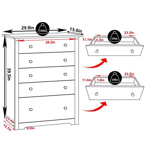 VEIKOU 5 Drawer Dresser for Kids Bedroom, Chest of Drawers, Clothes Storage Cabinet with Anti-tip System for Living Room, Hallway, Nursery, Deep Espresso