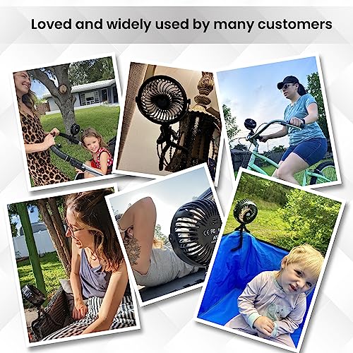 AYL Portable Fan Battery Operated, Small Stroller Fan with Lights USB Rechargeable 360° Rotate Flexible Tripod Clip On Fan, Handheld Cooling Mini Fan for Travel, Car Seat, Camping, and Bedroom (Black)