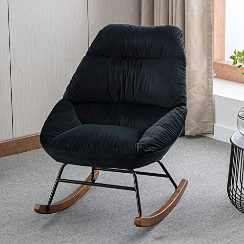 NIOIIKIT Nursery Rocking Chairs, Accent Rocking Chair with Solid Metal Legs, Upholstered Velvet Glider Rockers with High Backrests for Mom, Gifts, Living Room, Bedroom (Black Velvet)