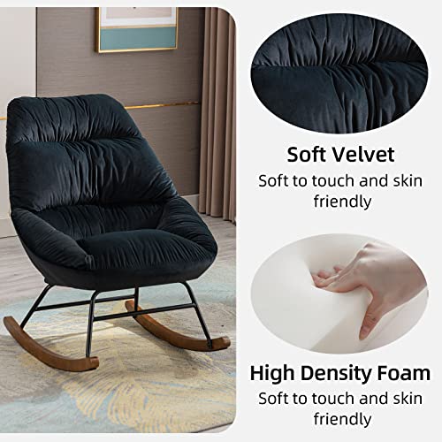 NIOIIKIT Nursery Rocking Chairs, Accent Rocking Chair with Solid Metal Legs, Upholstered Velvet Glider Rockers with High Backrests for Mom, Gifts, Living Room, Bedroom (Black Velvet)