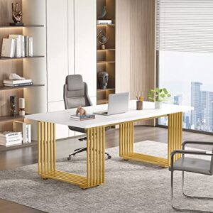 tribesigns 70.9" modern office desk, wooden computer desk, white executive desk with gold metal legs, large workstation for home office, study writing desk, small conference table for meeting room