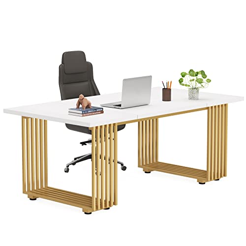 Tribesigns 70.9" Modern Office Desk, Wooden Computer Desk, White Executive Desk with Gold Metal Legs, Large Workstation for Home Office, Study Writing Desk, Small Conference Table for Meeting Room