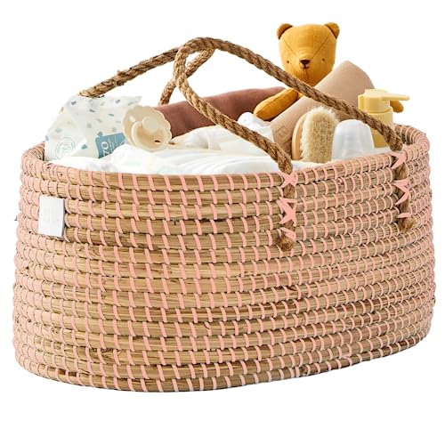 BEBE BASK Baby Diaper Caddy Organizer - Handmade Organic Seagrass - Luxury Pink Diaper Caddy Basket - Cute Diaper Caddy for Baby Girl - Diaper Caddy For Baby Girl (Blush)