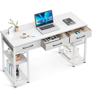 odk office small computer desk: home table with fabric drawers & storage shelves, modern writing desk, white, 48"x16"