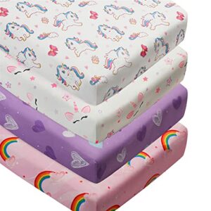 4 pack soft baby girl crib sheets for standard crib mattress unicron rainbow heart cute neutral polyester unisex fitted crib sheets set for baby girls