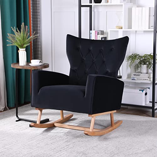 OUYESSIR Rocking Chair Nursery, Upholstered High-Back Glider Chair, Comfortable Rocker Fabric Padded Seat, Modern Leisure Single Accent Arm Chair for Living Room, Hotel, Bedroom (Black)