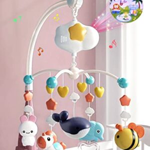 BSROLUNA Baby Crib Mobile with Music and Lights, Baby Mobile for Crib with Animals Projection, Hanging Rotating Animals Rattles, 19 Songs and lullabies, Cartoon Baby Crib Toys for Girls (Baby Pink)