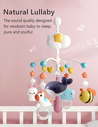 BSROLUNA Baby Crib Mobile with Music and Lights, Baby Mobile for Crib with Animals Projection, Hanging Rotating Animals Rattles, 19 Songs and lullabies, Cartoon Baby Crib Toys for Girls (Baby Pink)