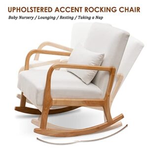 Icoget Rocking Chair Nursery with Ottoman, Accent Living Room Chair, Glider Chair w/Solid Woods Base, Comfortable Thickened Upholstered Lounge Chair, Modern Rocker Armchair, White