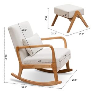 Icoget Rocking Chair Nursery with Ottoman, Accent Living Room Chair, Glider Chair w/Solid Woods Base, Comfortable Thickened Upholstered Lounge Chair, Modern Rocker Armchair, White