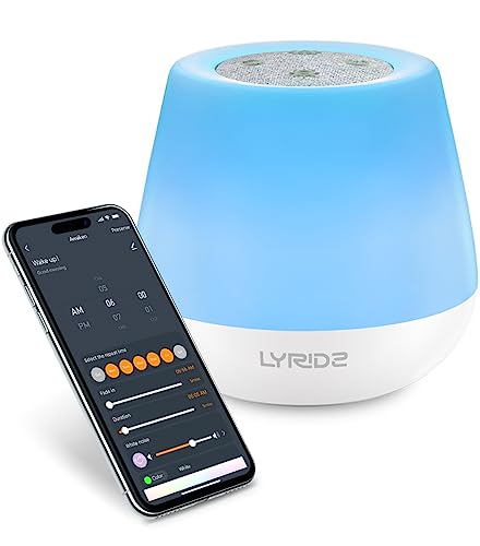 Lyridz Baby Sound Machine Night Light, White Noise Machine for Sleeping, Toddler Sleep Trainer with 24 Soothing Sounds, Time-to-Rise, Portable, 32 Lighting Effects DIY Colors, APP & Voice Control