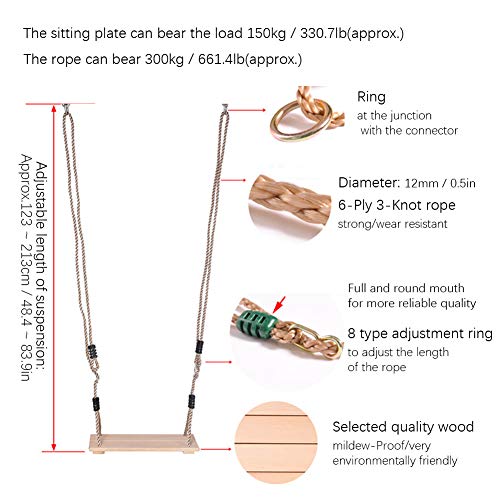 BORDSTRACT Hanging Wooden Swings for Kids and Adults, 150kg Load, Swing Seat with Adjustable Ropes for Playground Backyard Swing Set Accessories Replacement