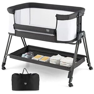 baby joy bassinet bedside sleeper, easy folding baby crib w/all-side mesh, storage shelf, 7 adjustable heights, mattress & travel bag for safe co-sleeping, portable baby bed for newborn infant -black