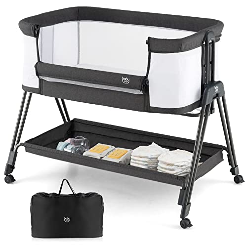 BABY JOY Bassinet Bedside Sleeper, Easy Folding Baby Crib w/All-Side Mesh, Storage Shelf, 7 Adjustable Heights, Mattress & Travel Bag for Safe Co-Sleeping, Portable Baby Bed for Newborn Infant -Black