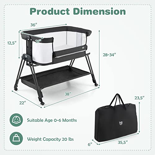 BABY JOY Bassinet Bedside Sleeper, Easy Folding Baby Crib w/All-Side Mesh, Storage Shelf, 7 Adjustable Heights, Mattress & Travel Bag for Safe Co-Sleeping, Portable Baby Bed for Newborn Infant -Black