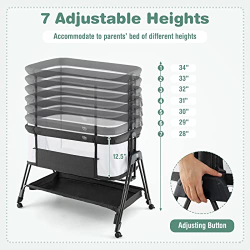 BABY JOY Bassinet Bedside Sleeper, Easy Folding Baby Crib w/All-Side Mesh, Storage Shelf, 7 Adjustable Heights, Mattress & Travel Bag for Safe Co-Sleeping, Portable Baby Bed for Newborn Infant -Black