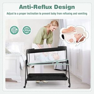 BABY JOY Bassinet Bedside Sleeper, Easy Folding Baby Crib w/All-Side Mesh, Storage Shelf, 7 Adjustable Heights, Mattress & Travel Bag for Safe Co-Sleeping, Portable Baby Bed for Newborn Infant -Black