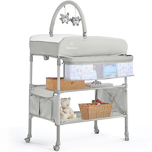 Portable Baby Changing Table, BabyBond Foldable Changing Table Dresser Waterproof Diaper Changing Table Height Adjustable Changing Station for Infant and Newborn(Beige)