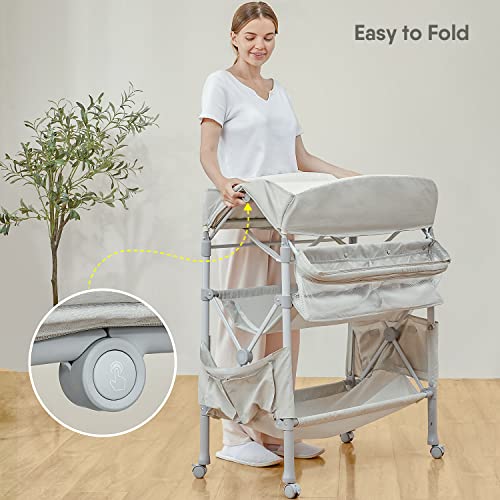 Portable Baby Changing Table, BabyBond Foldable Changing Table Dresser Waterproof Diaper Changing Table Height Adjustable Changing Station for Infant and Newborn(Beige)