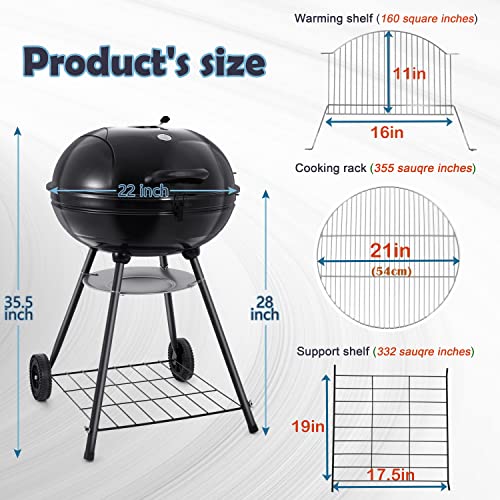 22-inch Charcoal Kettle Grill Set of 12, HaSteeL 2 Layer Grilling Racks Outdoor BBQ Grill, Heavy Duty Large Enameled Grills with Grilling Accessories for Camping Backyard Picnic, Barbecue Spatula