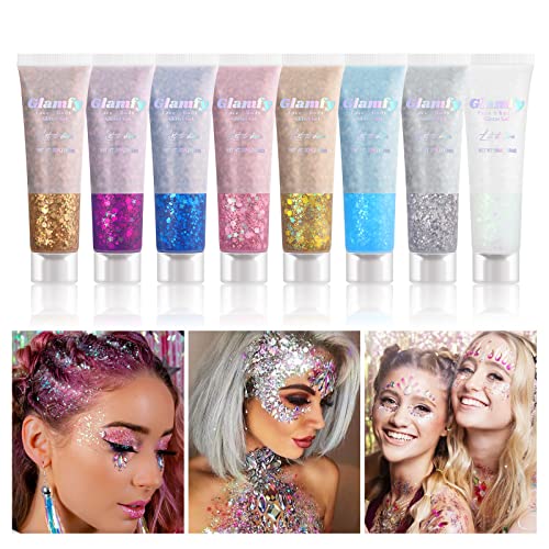 8 Color Body Glitter,Face Glitter Gel,Hair Glitter,Self Adhesive Glitter Gel,Chunky Glitter Festival Accessories,Cosmetic Glitter Makeup