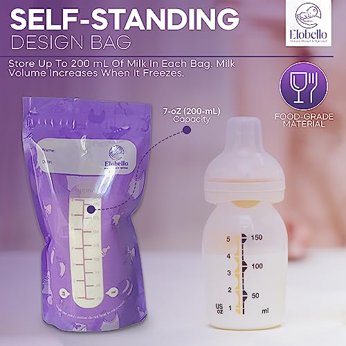 EloBello Breastmilk Storage Bag100-Pack 7oz Breast Milk Storage Bags Freezer BPA Free – Leakproof Double Zip Milk Bags for Breastmilk Refrigeration – Self-Standing Disposable Breastmilk Storage