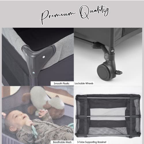 QUTANIX Baby Bassinet Bedside Bassinet Sleeper, 5-in-1 Pack and Play with Full-Size Bassinet,Baby Playard with Changing Table,Storage Shelf,Music Mobile with Soft Toys for Newborn to Toddlers (Grey)