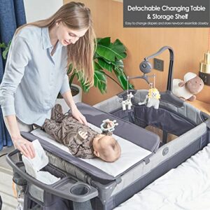 QUTANIX Baby Bassinet Bedside Bassinet Sleeper, 5-in-1 Pack and Play with Full-Size Bassinet,Baby Playard with Changing Table,Storage Shelf,Music Mobile with Soft Toys for Newborn to Toddlers (Grey)