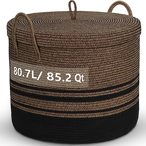 Graciadeco Large Decorative Blanket Basket with Lid 85.2 Qt Hand-Woven Cotton Rope Baskets for Storage Throw Pillow XXL Round Floor Basket Black-Brown