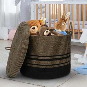 Graciadeco Large Decorative Blanket Basket with Lid 85.2 Qt Hand-Woven Cotton Rope Baskets for Storage Throw Pillow XXL Round Floor Basket Black-Brown