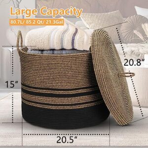 Graciadeco Large Decorative Blanket Basket with Lid 85.2 Qt Hand-Woven Cotton Rope Baskets for Storage Throw Pillow XXL Round Floor Basket Black-Brown