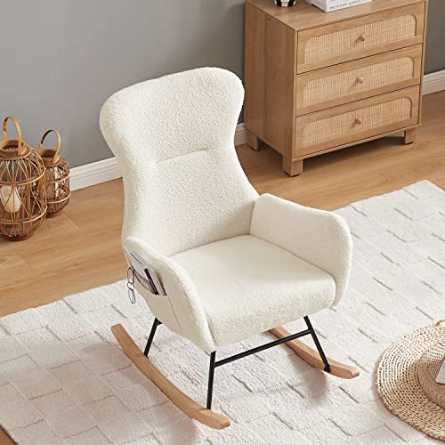 hansones Rocking Chair Nursery,Modern Accent Rocking Chair,Upholstered Nursery Glider Rocker for Baby,Rocking Chair Indoor for Living Room/Bedroom/Nursery(Cream White Teddy Fabric)