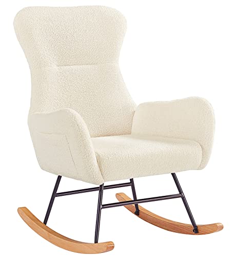 hansones Rocking Chair Nursery,Modern Accent Rocking Chair,Upholstered Nursery Glider Rocker for Baby,Rocking Chair Indoor for Living Room/Bedroom/Nursery(Cream White Teddy Fabric)