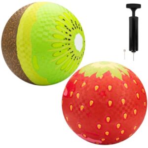 scs direct gaga fruit themed playground balls (2pk) (8.5 inches) w air pump- durable grip rubber pack for recess dodgeball, kickball, gagaball play & school -fun kids summer camp outdoor toys & gifts