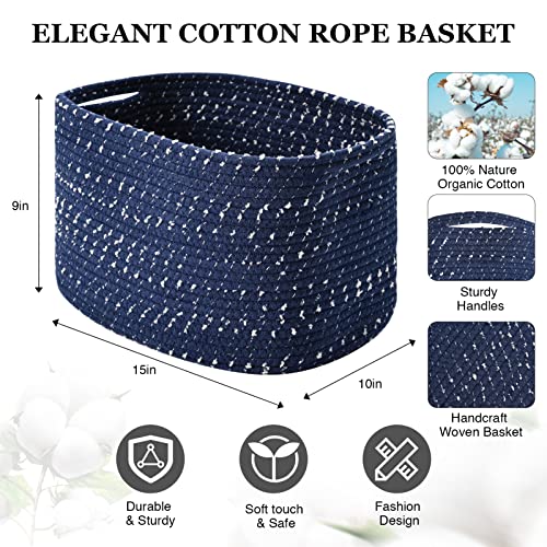 HOMHOLDON Cotton Rope Storage Baskets for Organizing, 15"x10"x9" Set of 1 Woven Basket for Storage, Shelf Basket Cube Storage Bins for Bathroom,Bedroom,Living Room,Laundry,Nursery Room,Clothes,Towels,Toys,Blanket(Spotted Blue)