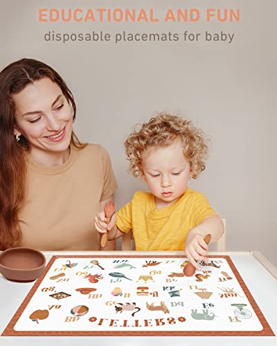 Babebay Disposable Placemats for Baby, 40 Pack Sticky Toddler Placemat for Restaurants, Dining Table, Party, Travel, 12" x 18" Placemats with 4 Designs, Fun and Learning Placemats for Kids