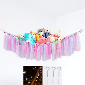 stuffed animal hammock with led lights, canfod nursery toy storage holder corner organizer, stuffed animal net with tassels, boho kids room décor for girls (pink-star lights-multicolor)