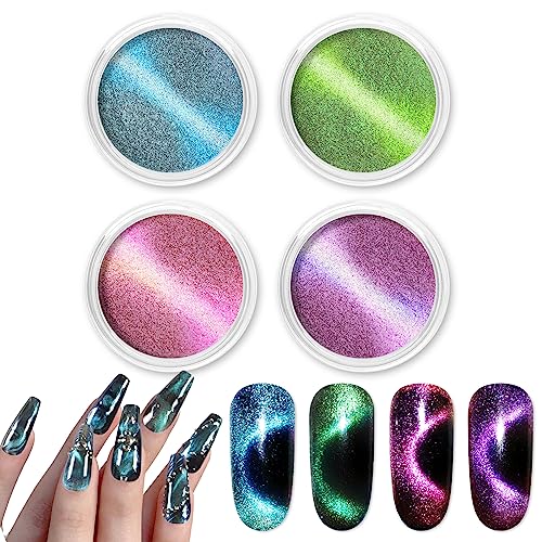 Allstarry Cat Eye Chrome Powder 4 Colors 3D Magnetic Aurora Nail Powder Metallic Pigment Galaxy Effect Glitter Resin Pigment with Magnet Pen for Nail Art Manicure Gel Polish