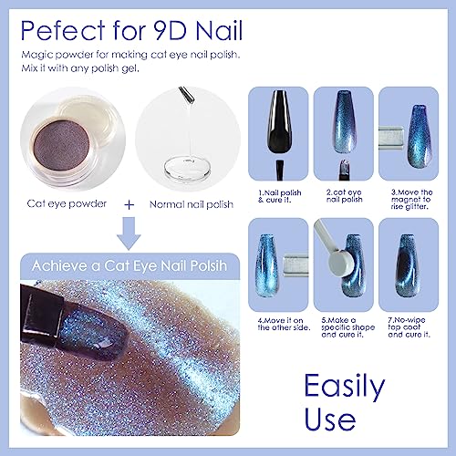 Allstarry Cat Eye Chrome Powder 4 Colors 3D Magnetic Aurora Nail Powder Metallic Pigment Galaxy Effect Glitter Resin Pigment with Magnet Pen for Nail Art Manicure Gel Polish