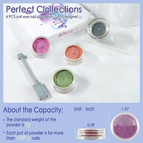 Allstarry Cat Eye Chrome Powder 4 Colors 3D Magnetic Aurora Nail Powder Metallic Pigment Galaxy Effect Glitter Resin Pigment with Magnet Pen for Nail Art Manicure Gel Polish