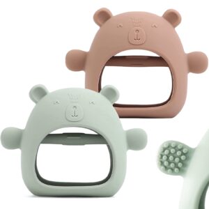 2 packs baby teething toy silicone bear teething mitten for babies over 3 months anti dropping wrist hand teethers baby chew toys for sucking needs, bpa free