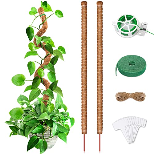 ROADPLUM 2 Pack 43.3" Moss Pole Coco Coir Poles, Bendable Plant Stakes Moss Pole for Plant Monstera with Twist Ties Plant Ties Labels Jute Rope, Plant Sticks Support for Climbing Plants Growth Indoor