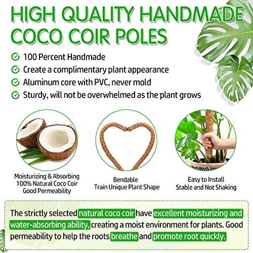 ROADPLUM 2 Pack 43.3" Moss Pole Coco Coir Poles, Bendable Plant Stakes Moss Pole for Plant Monstera with Twist Ties Plant Ties Labels Jute Rope, Plant Sticks Support for Climbing Plants Growth Indoor