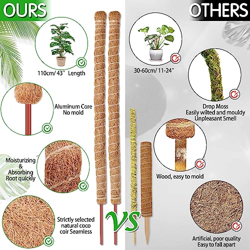 ROADPLUM 2 Pack 43.3" Moss Pole Coco Coir Poles, Bendable Plant Stakes Moss Pole for Plant Monstera with Twist Ties Plant Ties Labels Jute Rope, Plant Sticks Support for Climbing Plants Growth Indoor