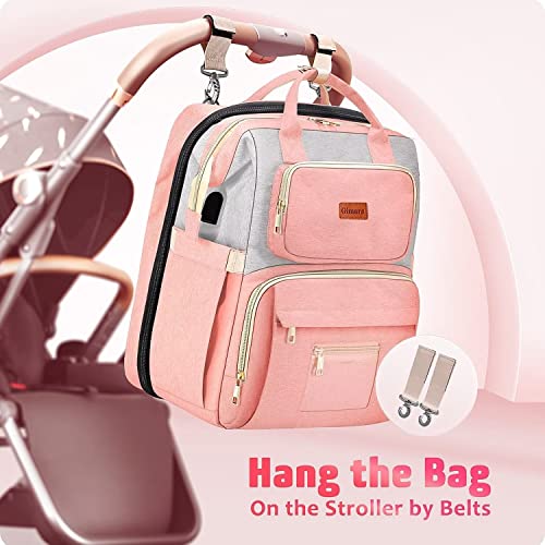 Gimars 5 in 1 Diaper Bag Backpack, Waterproof Diaper Bags for Travel with Insulated Milk Bottle Pocket, Large Capacity and Stroller Straps, Pink